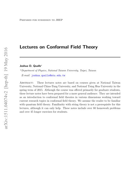 Lectures On Conformal Field Theory Joshua D Qualls
