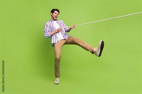 Full Body Size Photo Of Funny Babe Model Man Drag Rope String Crazy Hardworking Powerful