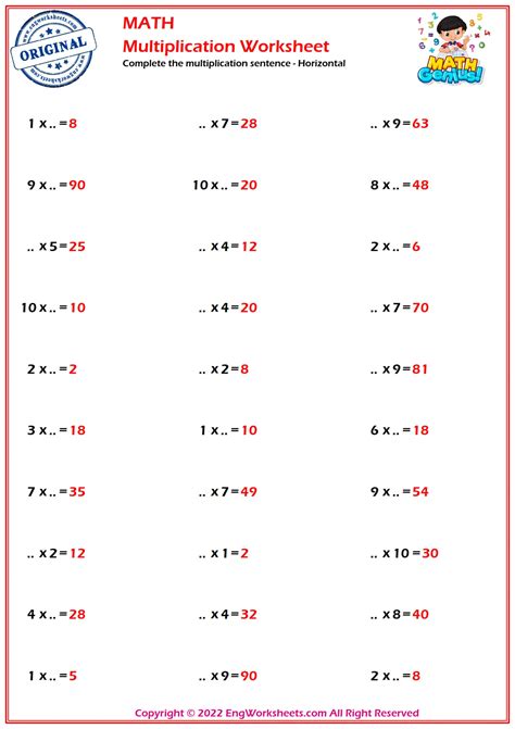 Complete The Multiplication Sentence Horizontal Engworksheets