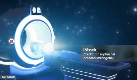 Mri Scanner의 측면도 병원 3d 렌더링의 자기 공명 영상 장치 의료 장비 및 건강 관리 배경 Mri 스캔에 대한 스톡
