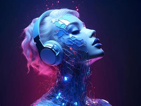 Premium AI Image Beautiful Robotic Woman Listening Song From Headphones AI Generated Music Concept