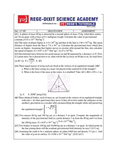 11th Gravitation Assignment Pdf Mass Gravity
