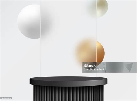 투명한 유리 배경 흰색과 금색 3d 구체가 있는 고급스러운 검은색 연단 0명에 대한 스톡 벡터 아트 및 기타 이미지 0명