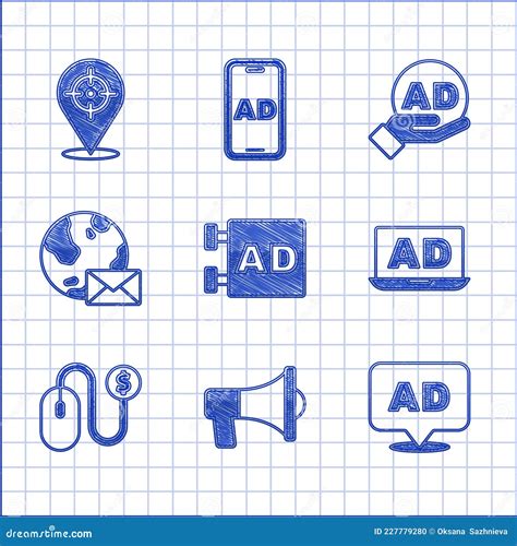 Set Advertising Megaphone Earth Globe With Mail And Target Icon Vector Stock Vector