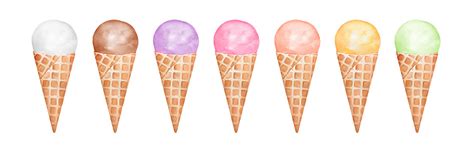 다양한 멀티 컬러 아이스크림 공 와플 콘의 수채화 일러스트 세트 갈색에 대한 스톡 벡터 아트 및 기타 이미지 갈색 개체