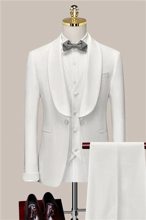 White Shawl Lapel Three Pieces Slim Fit Wedding Suits One Button Weddi