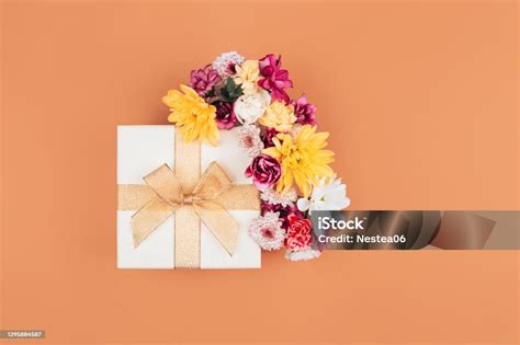 리본으로 감싸인 아름다운 흰색 상자 옆에 다양한 꽃 상자 뚜껑에 아름다운 활 오렌지 색 배경에 3 월 8 일 선물의 혼합 0명에 대한 스톡 사진 및 기타 이미지 Istock