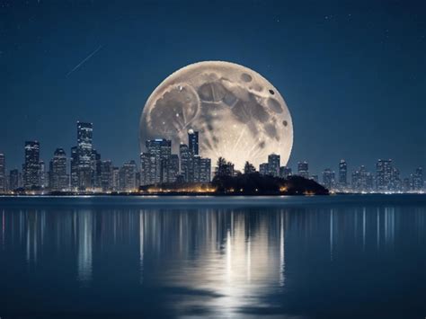 Premium Photo Full Moon Over Chicago Skyline At Night With Reflection