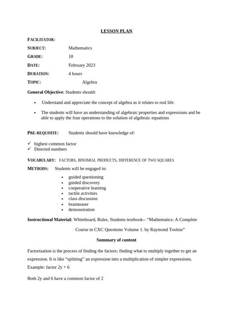 Grade 10 Algebra Factorization Pdf Algebra Factorization