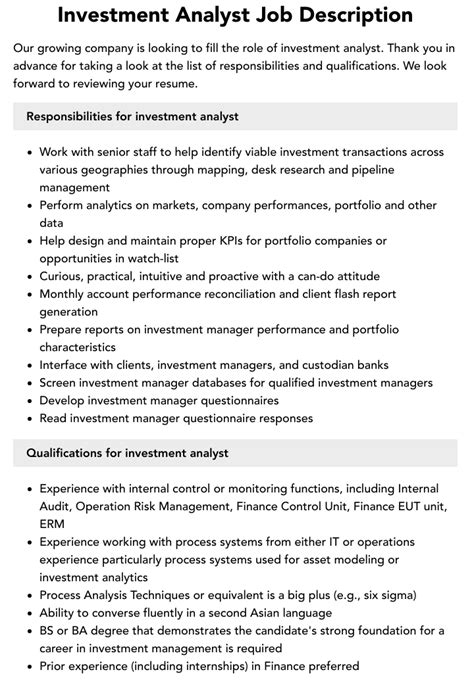 Investment Analyst Job Description Velvet Jobs