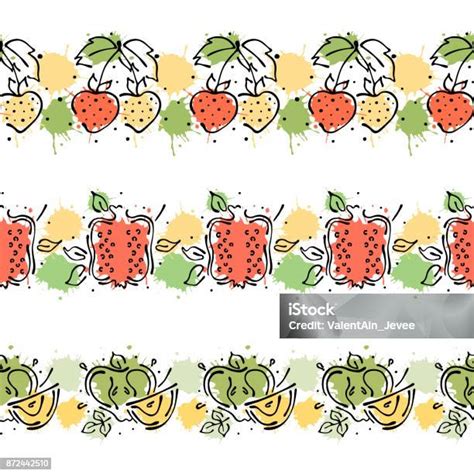 벡터 설정 완벽 한 패턴을 과일 장식 테두리입니다 석류 딸기 사과 잎 장식 요소 지우고 스플래시 손으로 그린 등고선과 뇌졸중 그래픽 일러스트 레이 션 개체 그룹에 대한 스톡