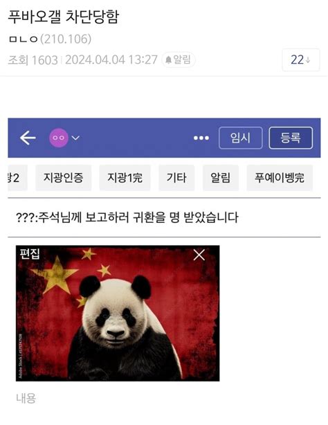 푸바오 갤러리 차단당한 디씨인 포텐 터짐 최신순 에펨코리아