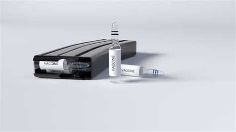 3d 렌더링 백신이 든 앰플이 장착 된 소총의 잡지 두 개의 앰풀이 근처에 있습니다 기관총에 대한 스톡 사진 및 기타 이미지