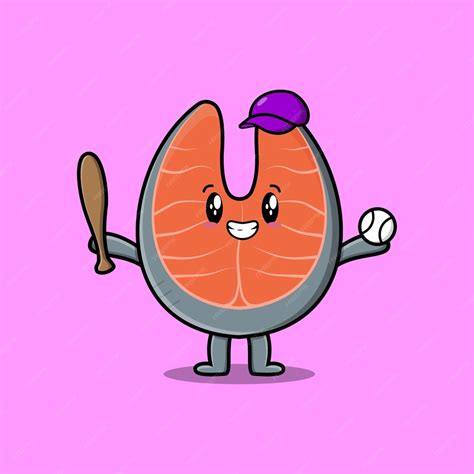 현대적인 스타일의 디자인으로 야구를 하는 귀여운 만화 신선한 연어 캐릭터 프리미엄 벡터
