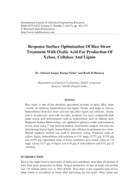 Pdf Response Surface Optimization Of Rice Straw Treatment With · Pre Extraction Of