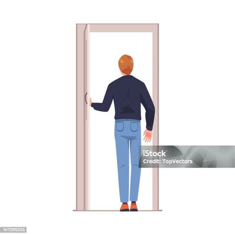 열린 문에서 남자 캐릭터 집을 떠나 외출 벡터 일러스트 레이 션 가정 생활에 대한 스톡 벡터 아트 및 기타 이미지 가정 생활