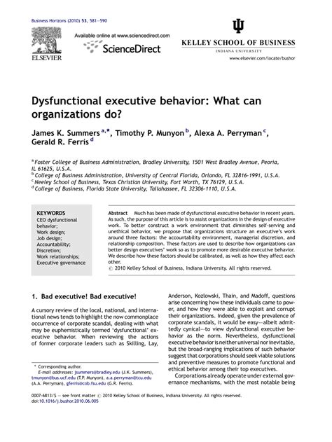 Pdf Dysfunctional Executive Behavior What Can Organizations Do