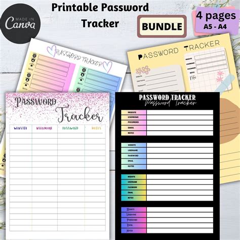 Editable Fillable Password Tracker Bundle 4 Printable Password Log Password Keeper Sheet