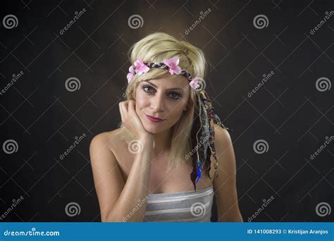 Portrait Of Beautiful Young Woman Wearing Hippie Headband Stock Image