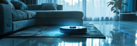 Futuristic Vacuum Hoover Robot In Living Room Hud Data Visible Embodies