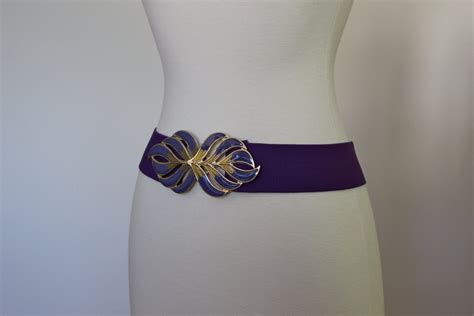 Vintage 1980s Purple Yellow Gold Stretch Belt With Double Leaf Buckle