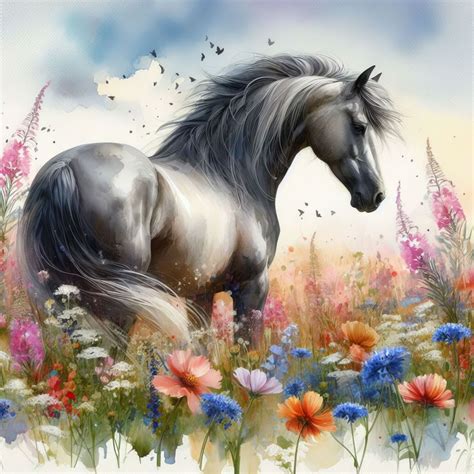10 fichiers aquarelle haute résolution de cheval dans des fleurs