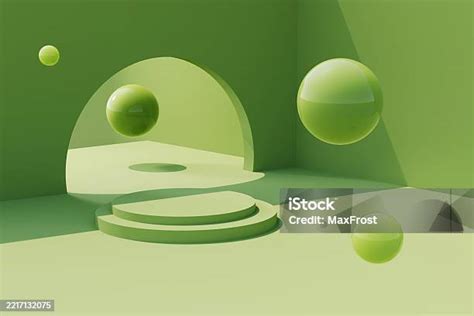 3d 연단 배경 녹색 무광택 색상 및 광택 공 패션 포디움 미니멀한 디자인의 추상적인 구성 0명에 대한 스톡 사진 및 기타 이미지 Istock