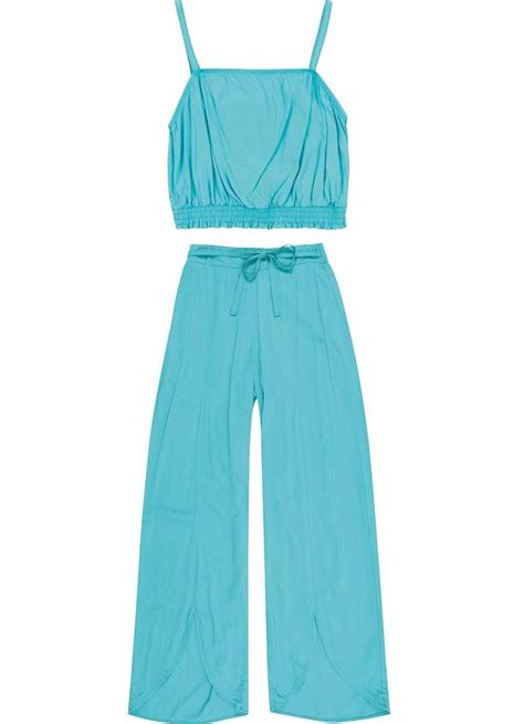 Conjunto Cropped E Wide Leg Azul Cativa