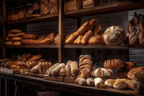 Mostrador De Pan Fresco Deliciosas Hogazas De Pan En Una Panadería