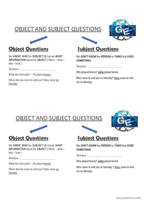 20 Questions Subject Vs Object Questions English Esl Worksh…