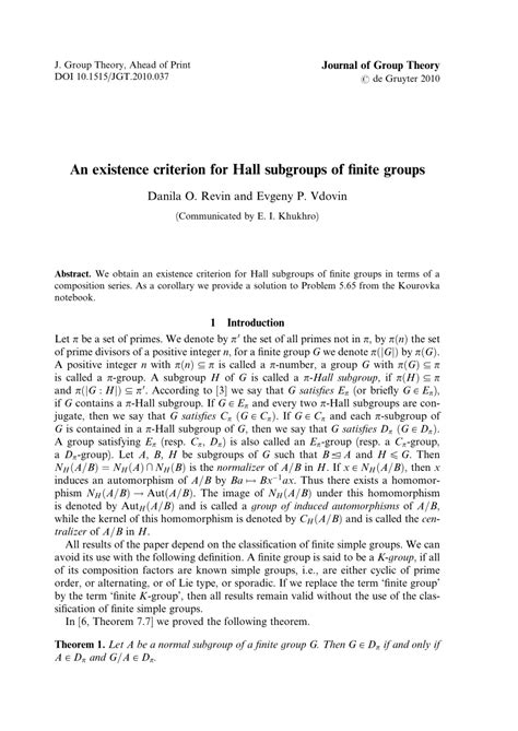 Pdf Existence Criterion For Hall Subgroups Of Finite Groups