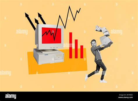 Design Collage Artwork Of Young Guy Surprised Hold Stack Carton Boxes