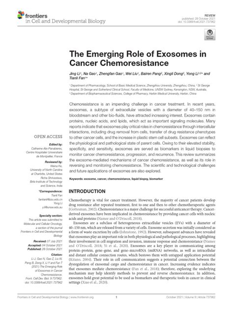 2021 The Emerging Role Of Exosomes In Cancer Chemoresistance R
