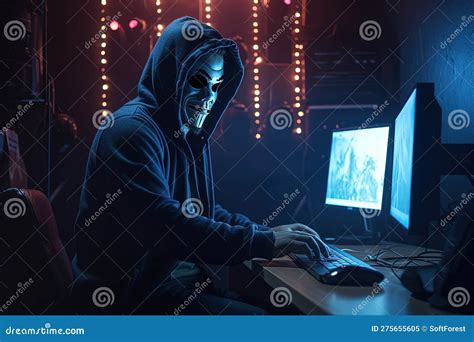 Scammer In Front Of A Computer In Anonymous Mask Hacker Generative Ai