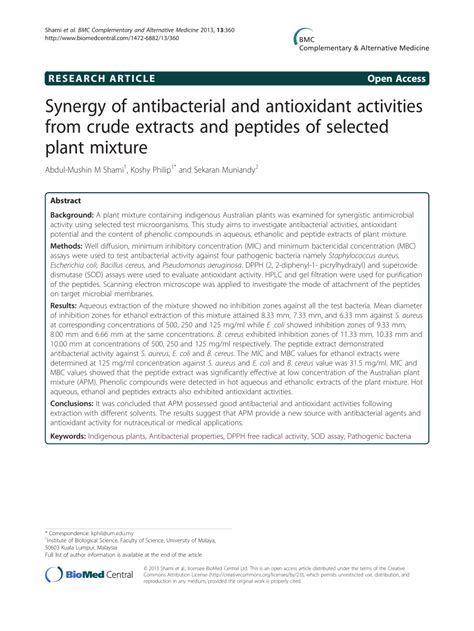 Pdf Synergy Of Antibacterial And Antioxidant Activities From Crude