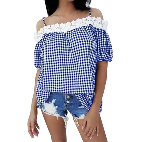 2018 New Women Strap Shirts Sexy Off Shoulder Top Lace Patchwork Plaid
