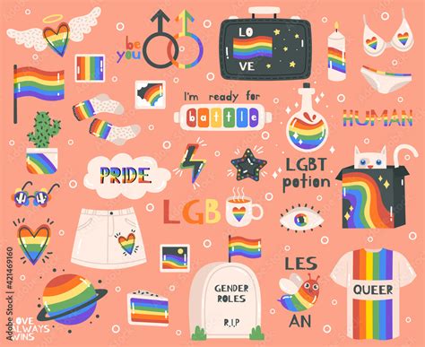 Cute Pride Symbols Hand Drawn Lgbtq Pride Rainbow Peace Sign And Flag