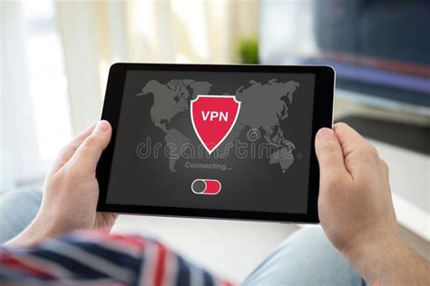 Man Hands Holding Computer Tablet With App Vpn On Screen Stock Image Image Of Hand Monitor