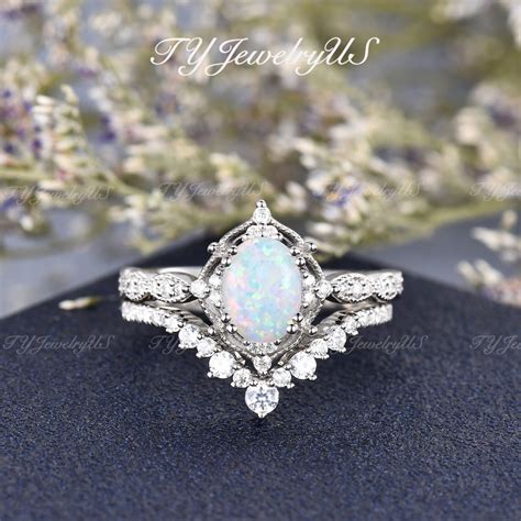 Custom Opal Engagement Ring Opal Wedding Ring Set Art Deco Milgrain
