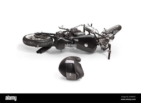 Motorbike Accident And Helmet Falling On The Ground Isolated On White