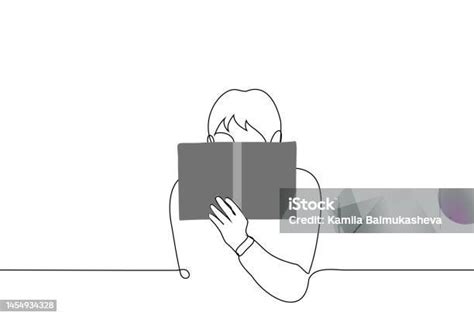 열린 책 뒤에 얼굴을 숨기고 앉아 있는 남자 한 선 그리기 벡터 부끄러운 책 금지 된 문학 죄책감 에로틱 한 소설을 읽는 개념