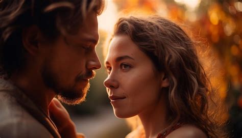 Jovem casal se abraçando no belo pôr do sol ao ar livre gerado por ia Foto Grátis