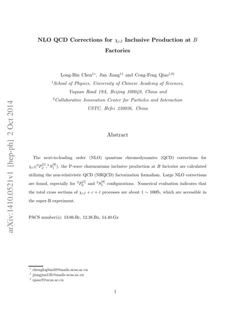 Pdf Nlo Qcd Corrections For χ C J Inclusive Production At B Factories