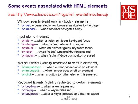 SE 2840 Dr Mark L Hornick 1 Dynamic HTML Handling Events From DOM