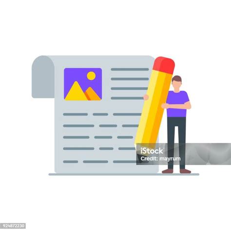 벡터 일러스트는 연필로 남자의 블로깅 카피 라이팅 벡터 일러스트 레이 션 평면 스타일 쓰기 개념에 대한 스톡 벡터 아트 및 기타 이미지 Istock