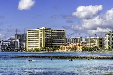 Colorful Surfers Hotels Waikiki Beach Honolulu Hawaii Stock Image