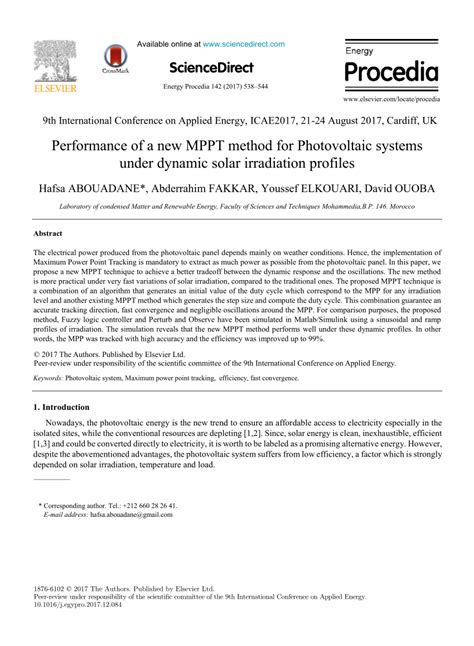PDF Performance Of A New MPPT Method For Photovoltaic Systems Under Dynamic Solar Irradiation