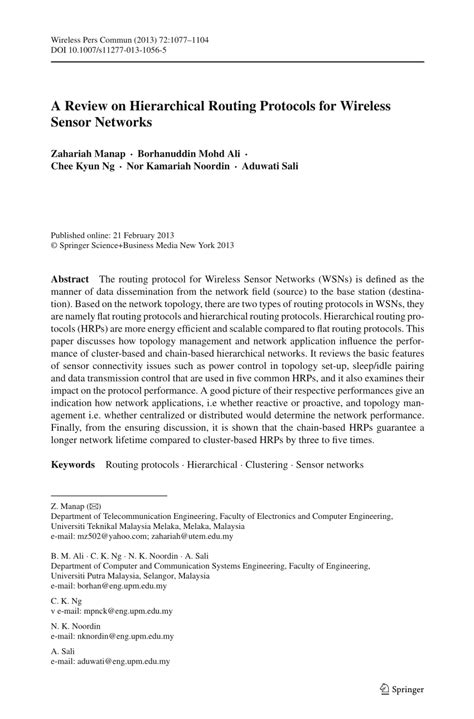 pdf a review on hierarchical routing protocols for wireless sensor
