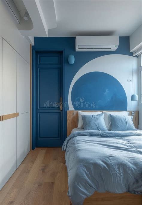 Modern Blue And White Bedroom With Half Circle Headboard And Air