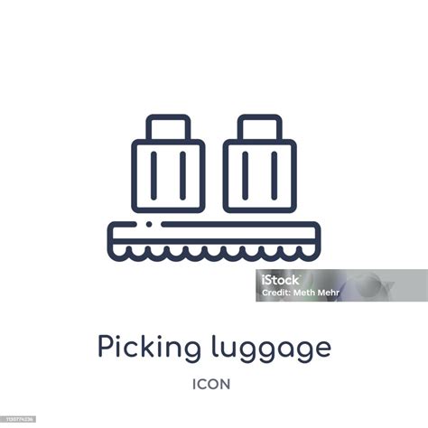 공항 터미널 개요 컬렉션에서 선형 따기 수하물 아이콘 흰색 배경에 고립 된 수화물 벡터 따기 얇은 라인 짐을 따기 유행 그림 가방에 대한 스톡 벡터 아트 및 기타 이미지